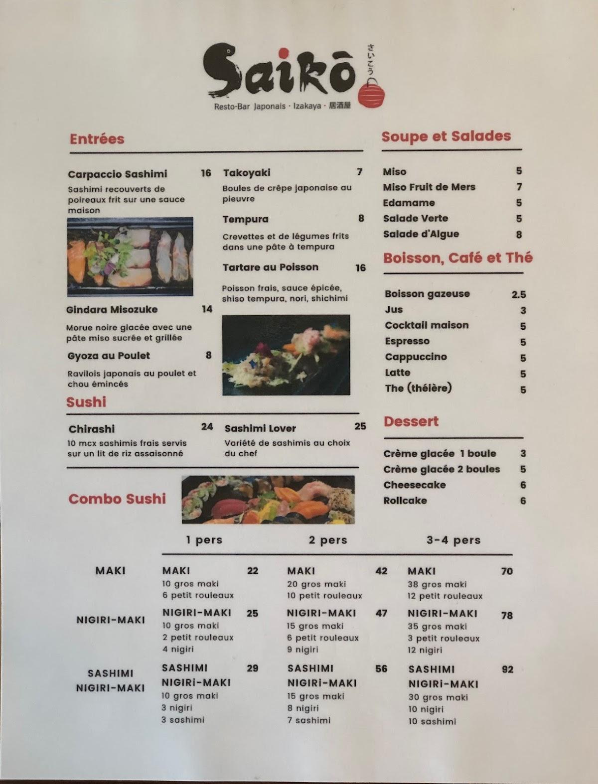 Menu au Saiko restaurant, Laval