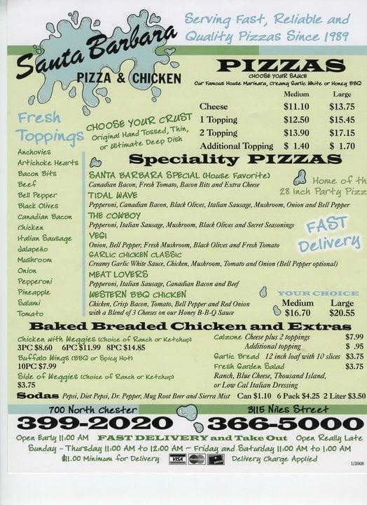 Carta de Santa Barbara Pizza & Chicken, Bakersfield, 700 N Chester Ave