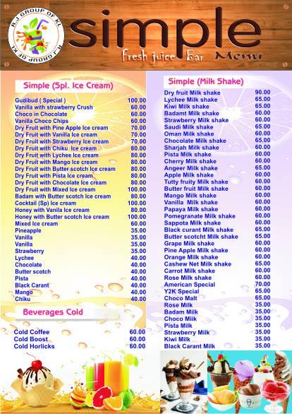 Menu at Simple Juice Bar, Hosur
