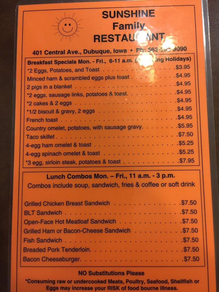 Menu at Sunshine Family Restaurant, Dubuque, 401 Central Ave