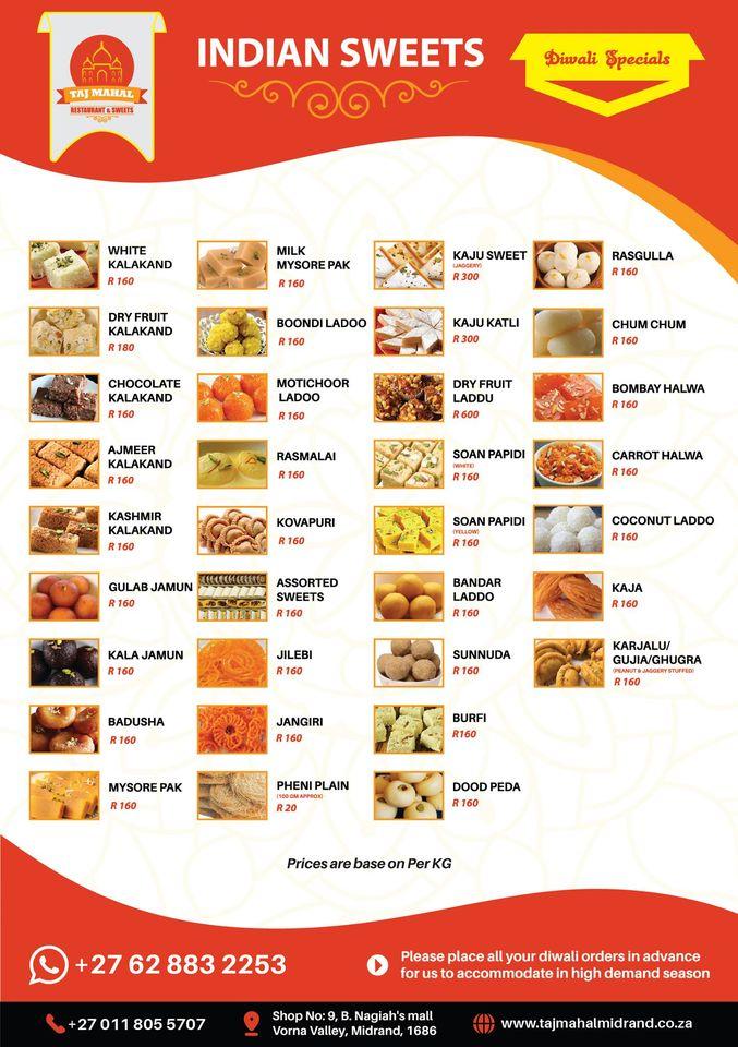 Menu at Taj Mahal Indian Restaurant, Midrand, 37 Le Roux Avenue