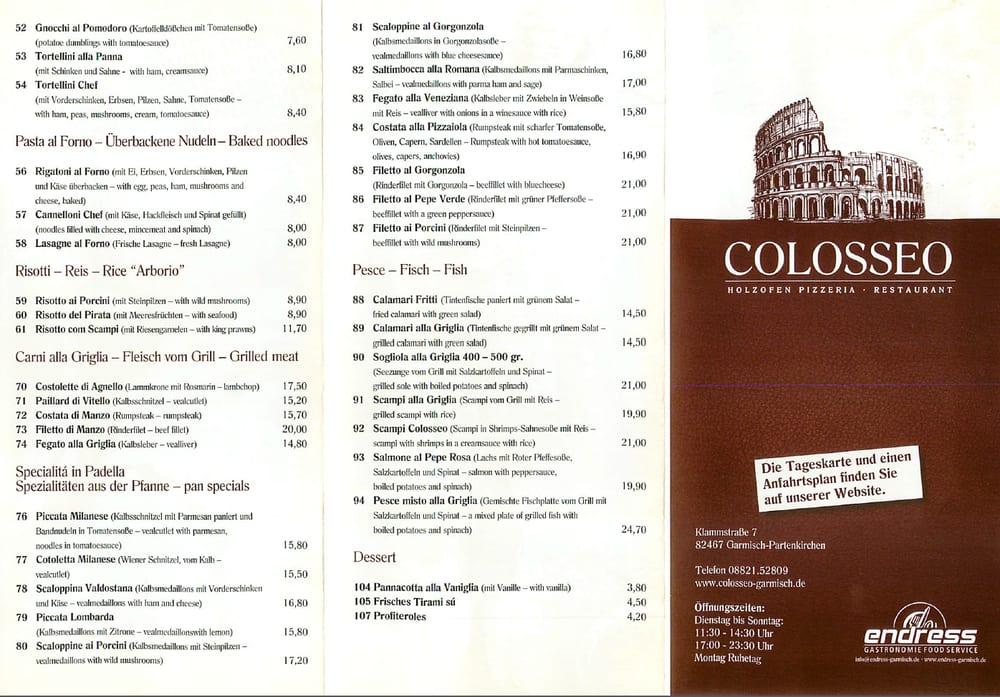 Menu at Colosseo pizzeria, Garmisch-Partenkirchen