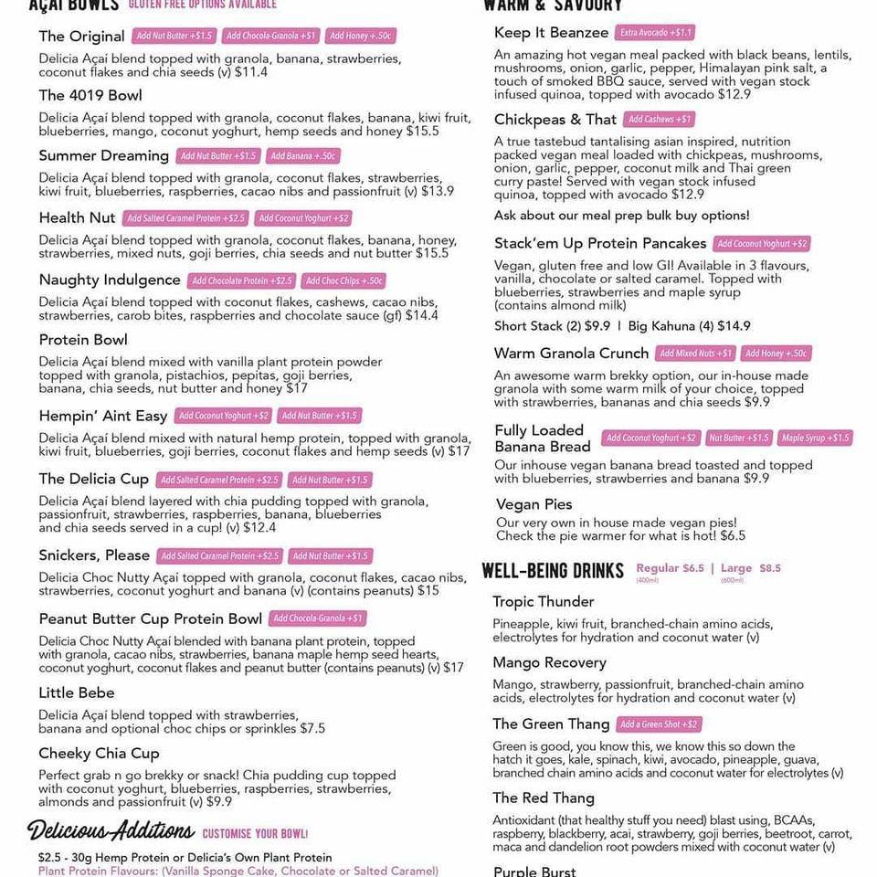 Menu at Delicia Acai + Protein Bar Clontarf, Clontarf