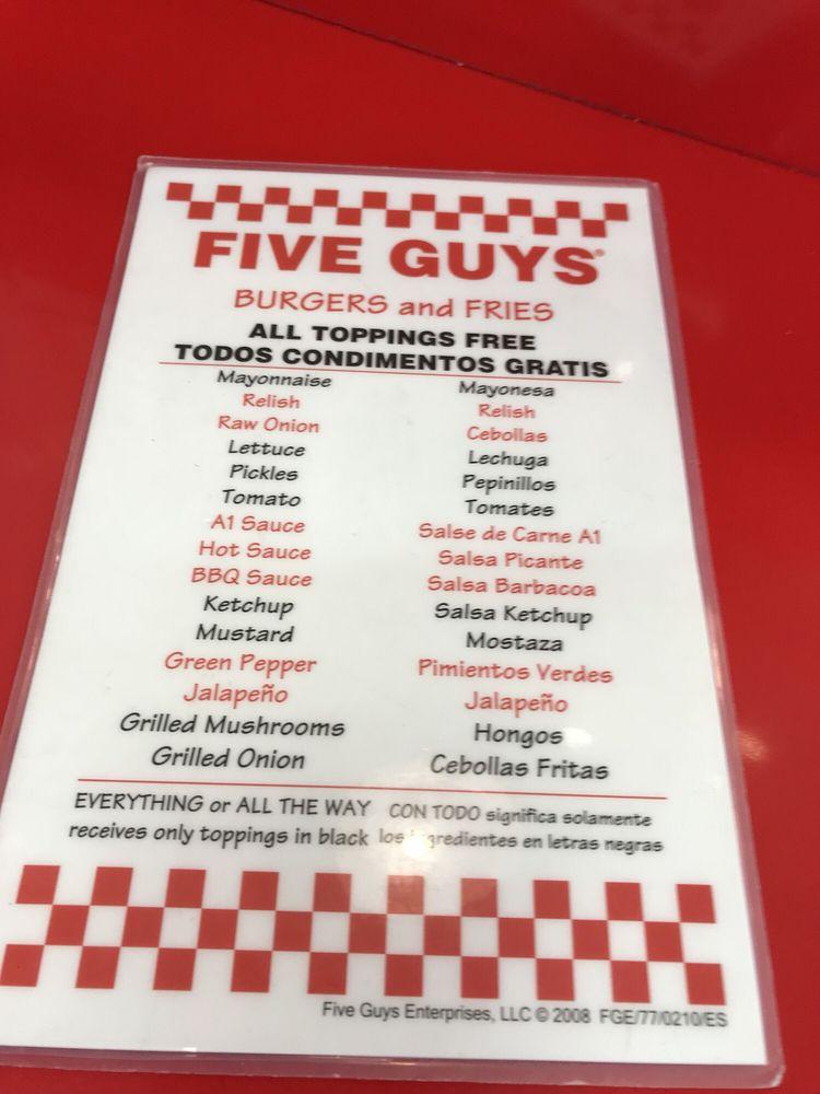 Menu at Five Guys fast food, Burbank
