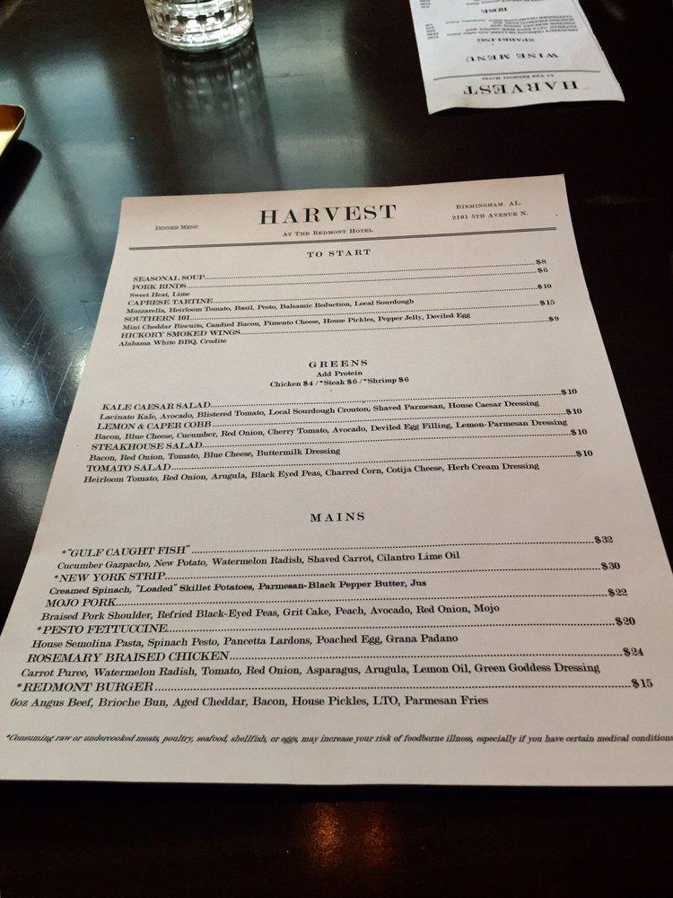 Menu at The Harvest restaurant, Birmingham