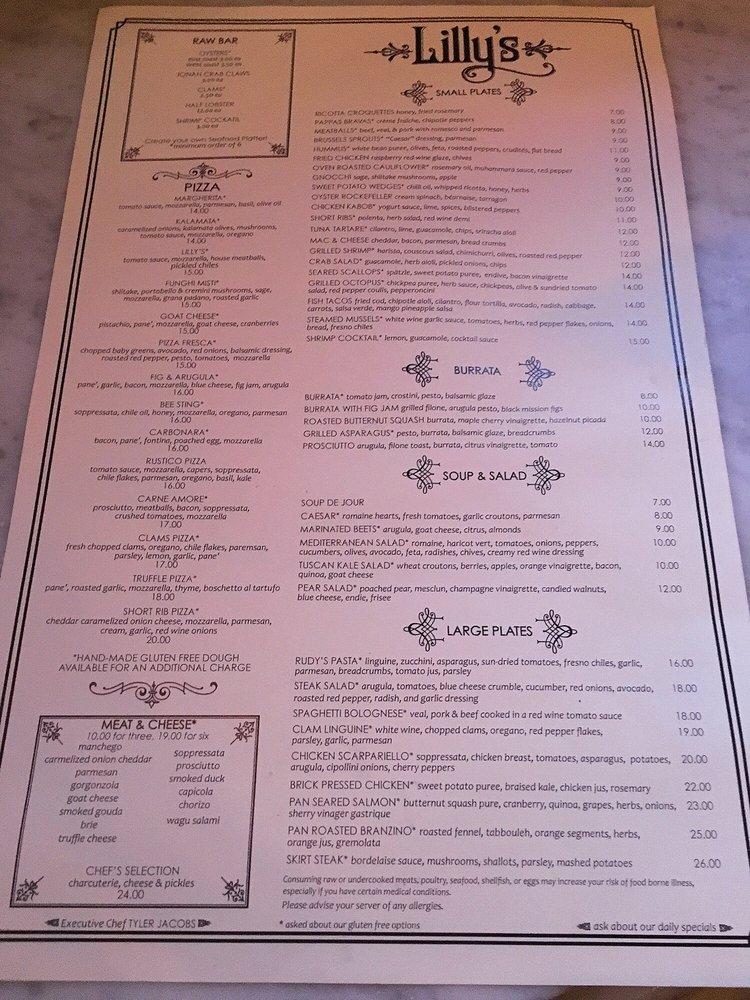 Menu at Lilly's restaurant, White Plains