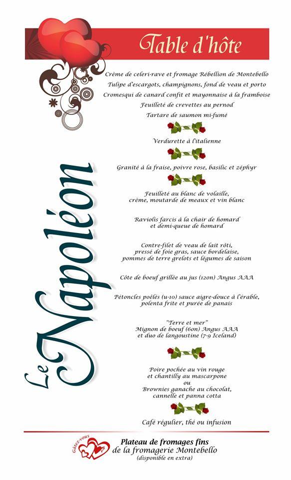 Menu at Napoléon restaurant, Montebello