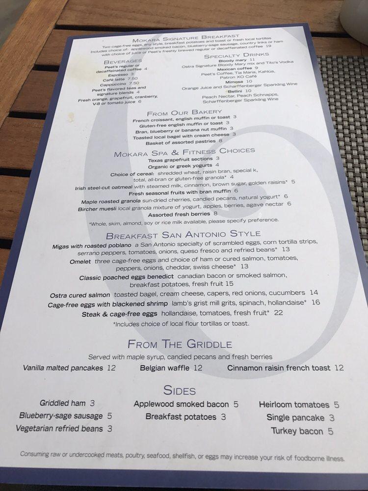 Menu at Ostra Restaurant, San Antonio