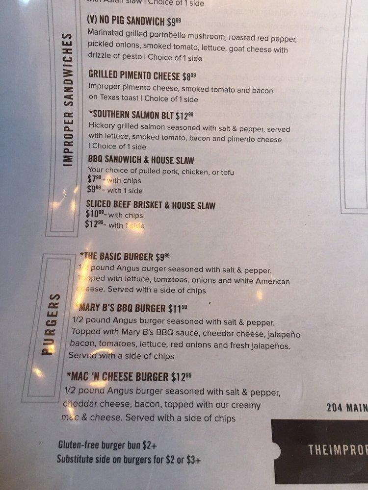 Menu at The Improper Pig @ Fort Mill BBQ, Fort Mill