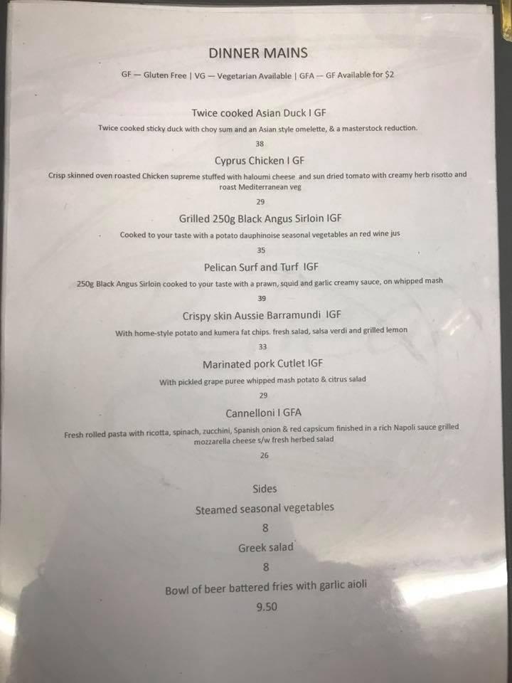 Menu at The Pelican Waterfront Cafe & Restaurant, Saint Georges Basin