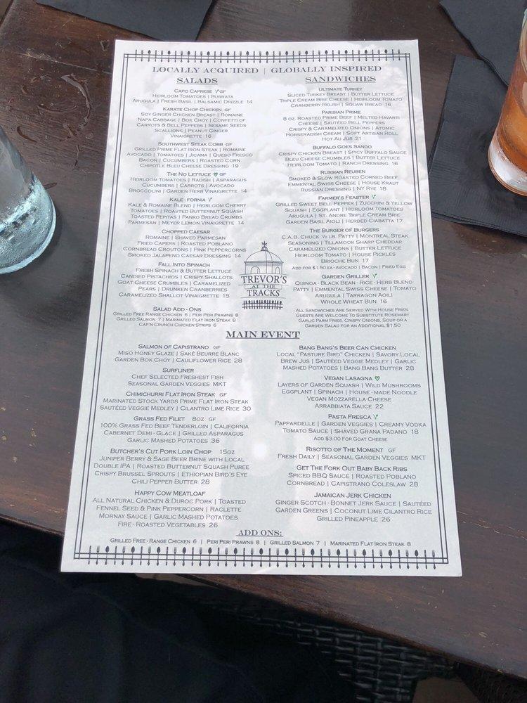 Menu at Trevor's at the Tracks pub & bar, San Juan Capistrano