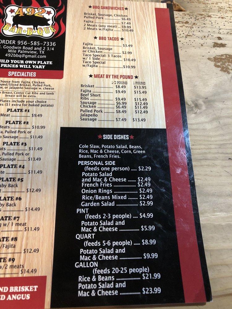 Menu at 492 BBQ, Mission, FM492