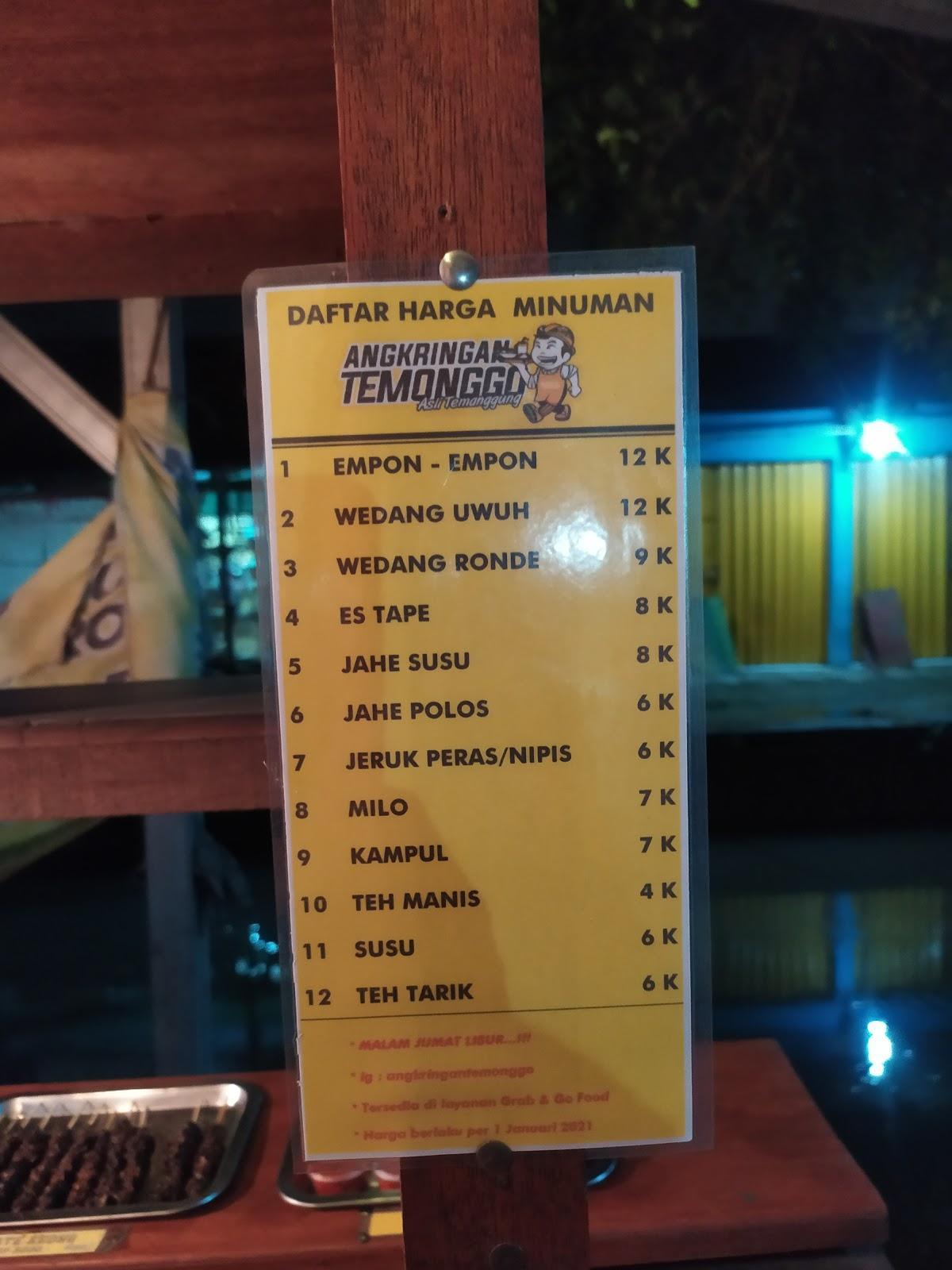 Menu at Angkringan Temonggo cafe, Karawang