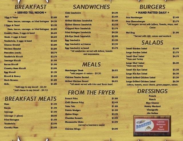 Menu at Boonies Restaurant and Pizzeria, Blountville