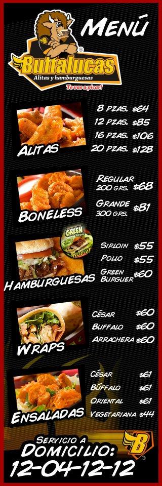 Menu at Buffalucas fast food, Mexico City, Fernando Montes de Oca 38-A