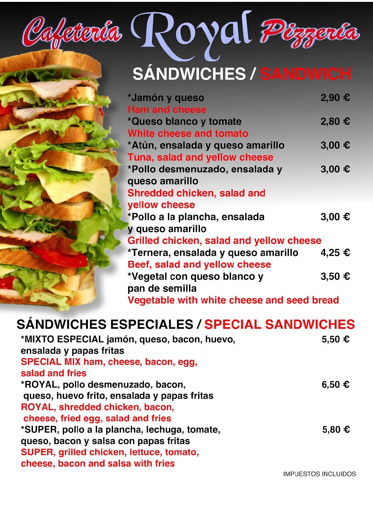 Menu at Cafetería Royal, Los Cristianos