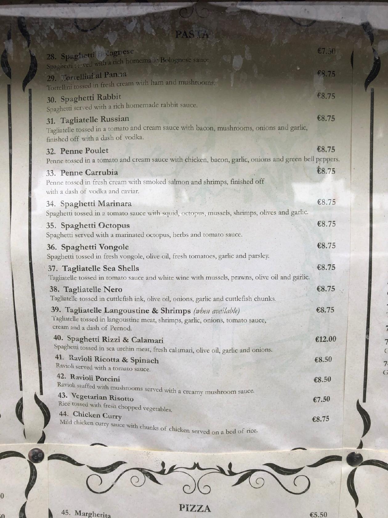 Menu at Carrubia Restaurant - Pizzeria, Marsaxlokk