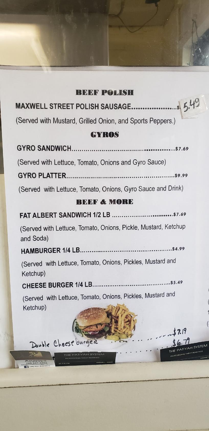 Menu at Fat Albert's restaurant, Jackson