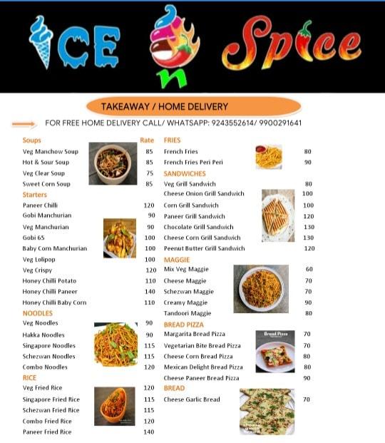 Menu at Ice n spice, Vijayapura