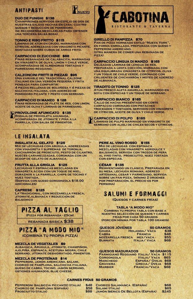 Carta del pub y bar CABOTINA, Zapopan, Av Guadalupe 1000