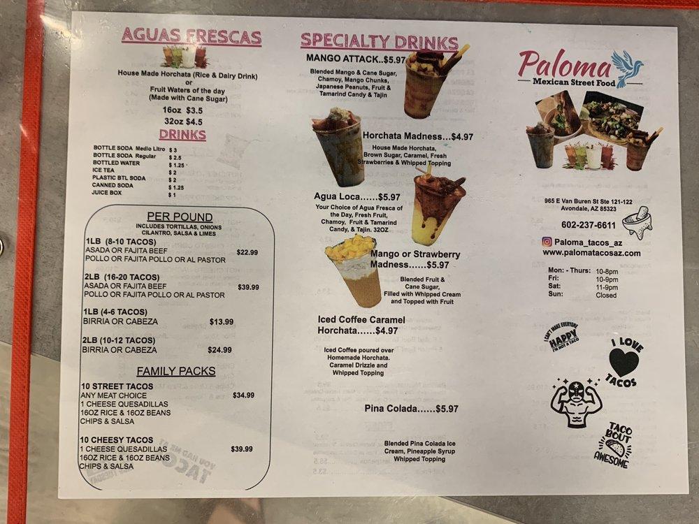 Carta del restaurante Paloma Mexican Street Food, Avondale