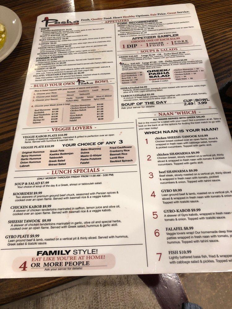 Menu at Pasha Mediterranean Grill restaurant, San Antonio, Wurzbach Rd