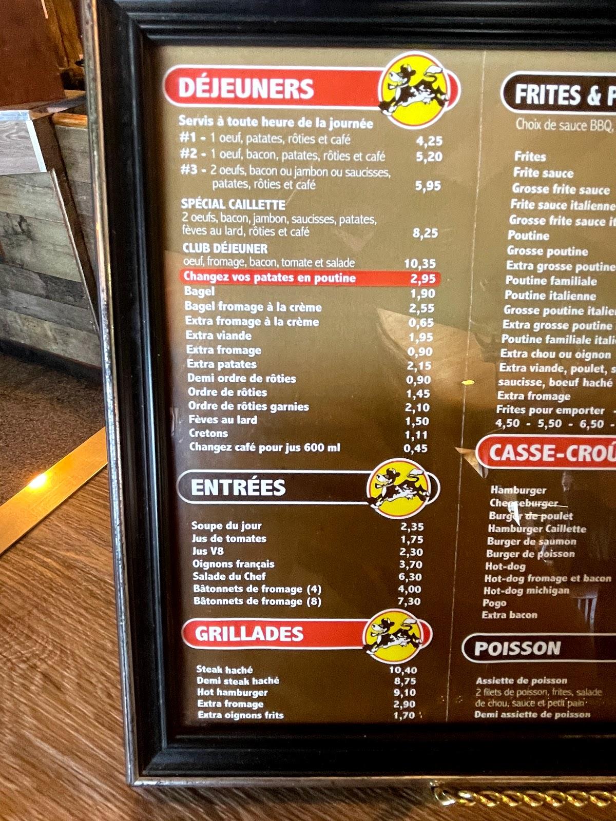 Menu au Restaurant La Caillette, Maskinongé