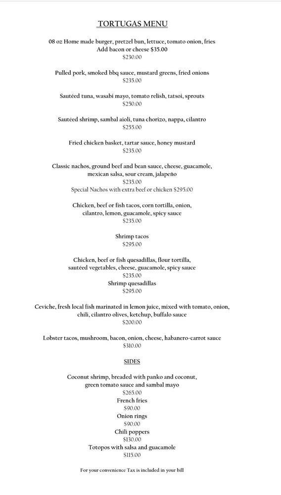 Menu at Tortugas pub & bar, Mexico, Carretera Transpeninsular CSL-SJC Km 10.5