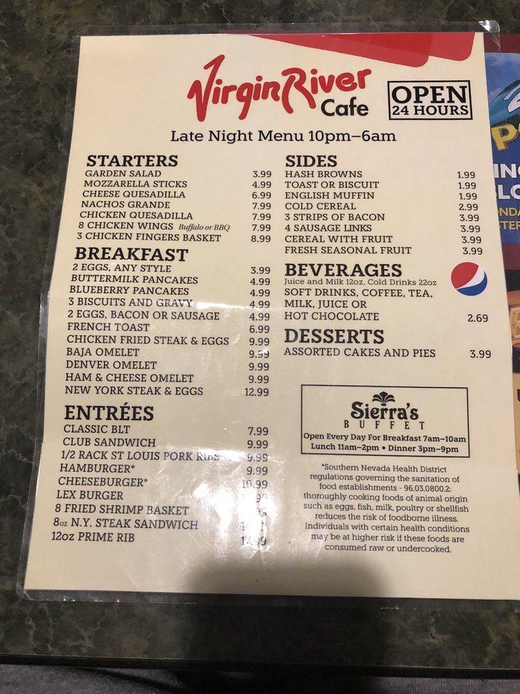 Menu at Virgin River Casino and Lodge cafe, Mesquite, 100 E Pioneer Blvd