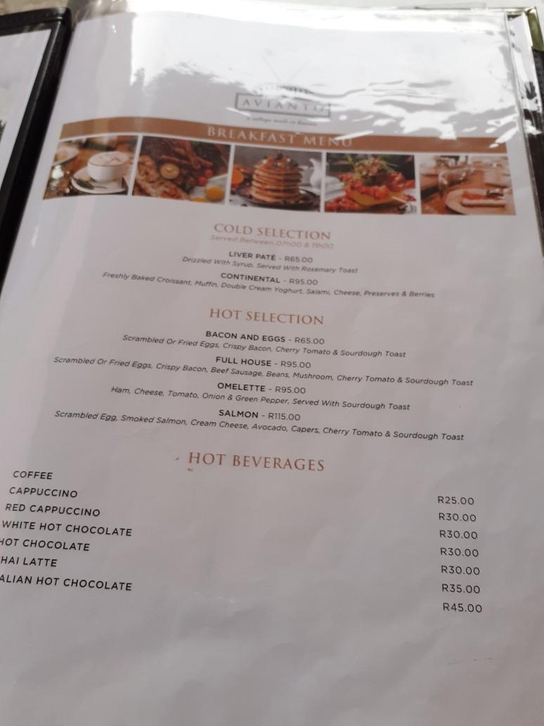 Speisekarte von Avianto Cafe Cielo, Roodepoort, Avianto Hotel