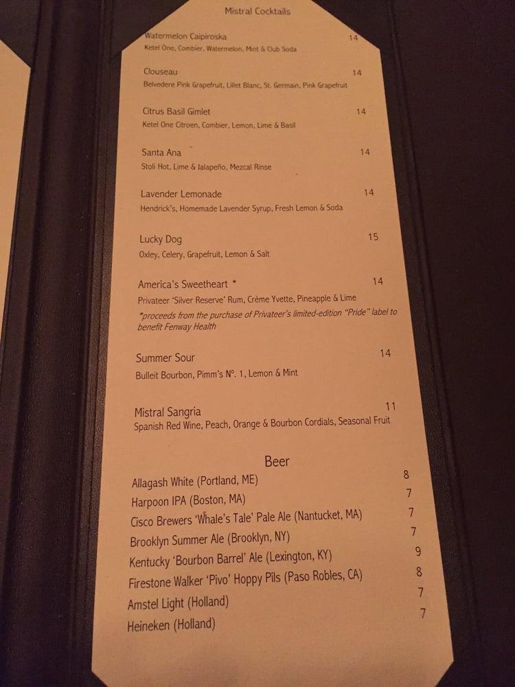 Menu at Mistral restaurant, Boston