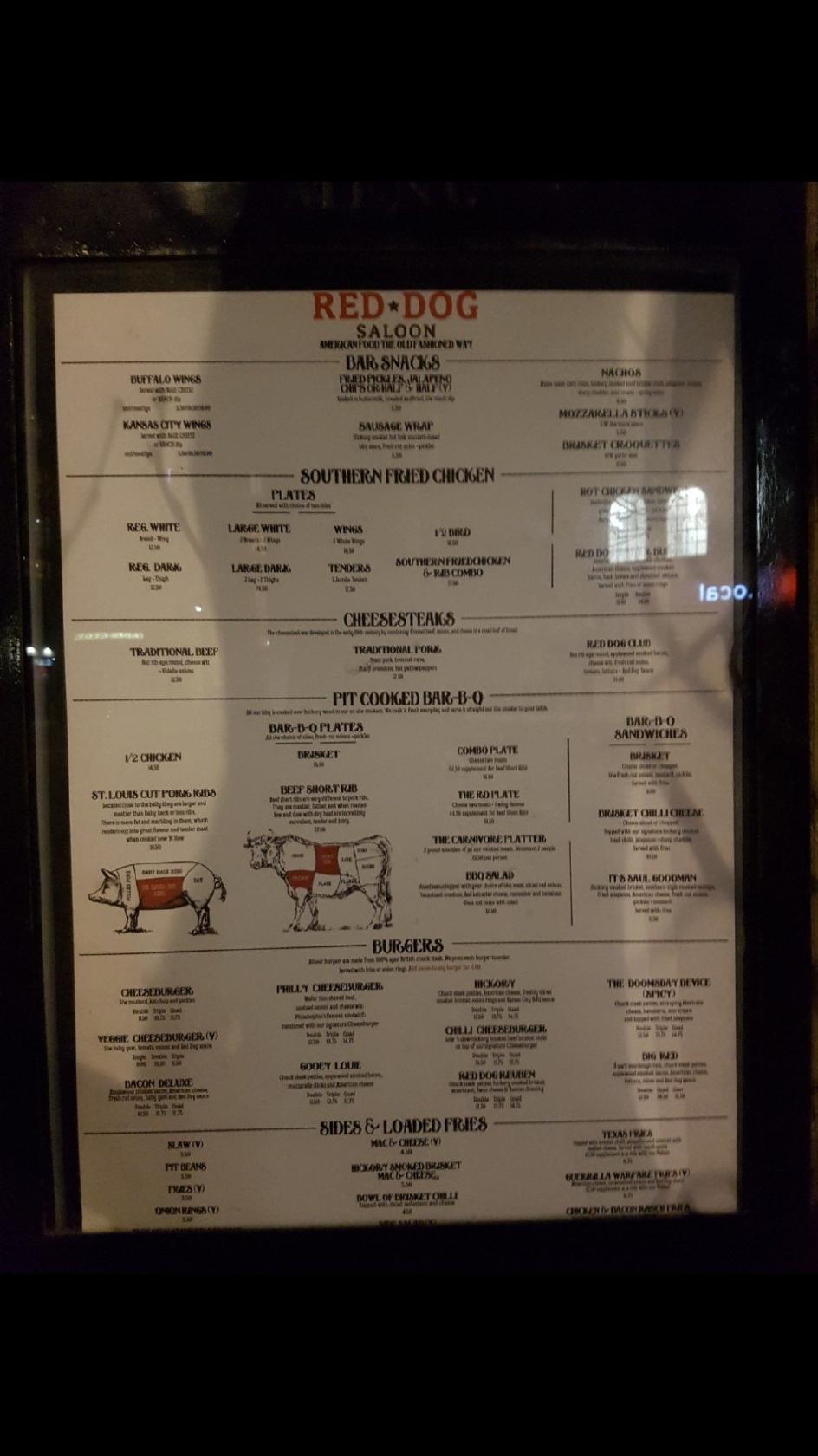 Menu at Red's True Barbecue, Nottingham
