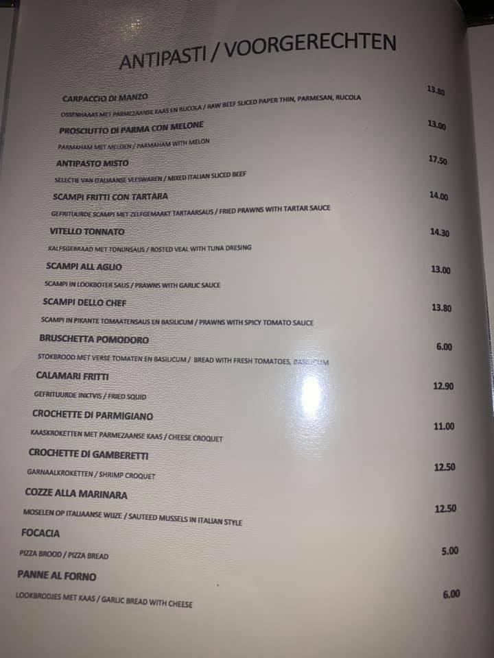 Menu at Sabatino, Antwerp