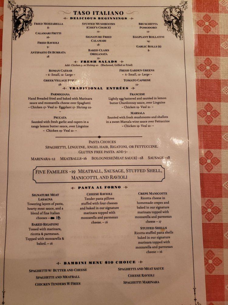 Menu at Taso Italiano restaurant, New Port Richey