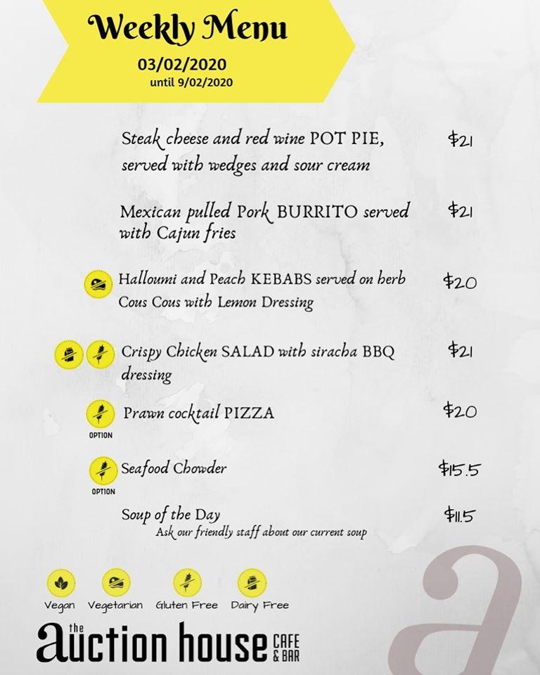 Menu at The Auction House cafe, Invercargill