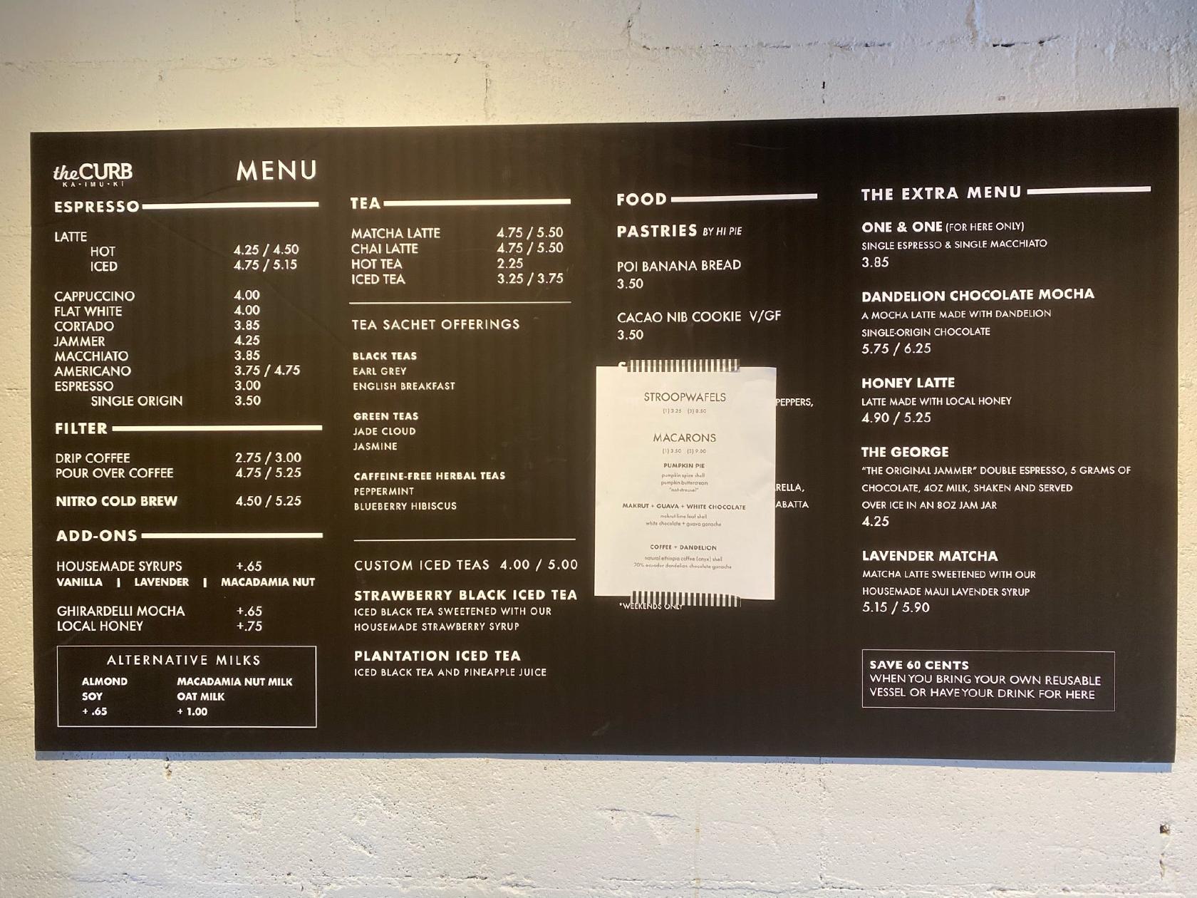 Menu at The Curb Kaimuki cafe, Honolulu, Waialae Ave Suite 103