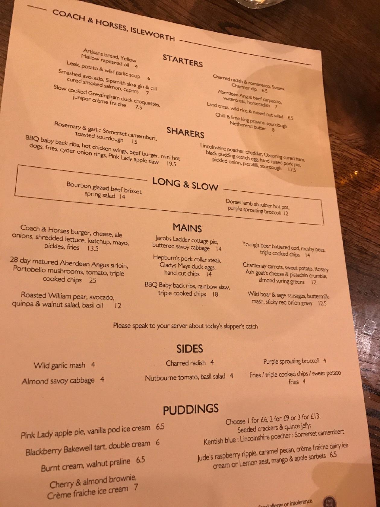Menu at Coach & Horses pub & bar, Isleworth, 183 London Rd