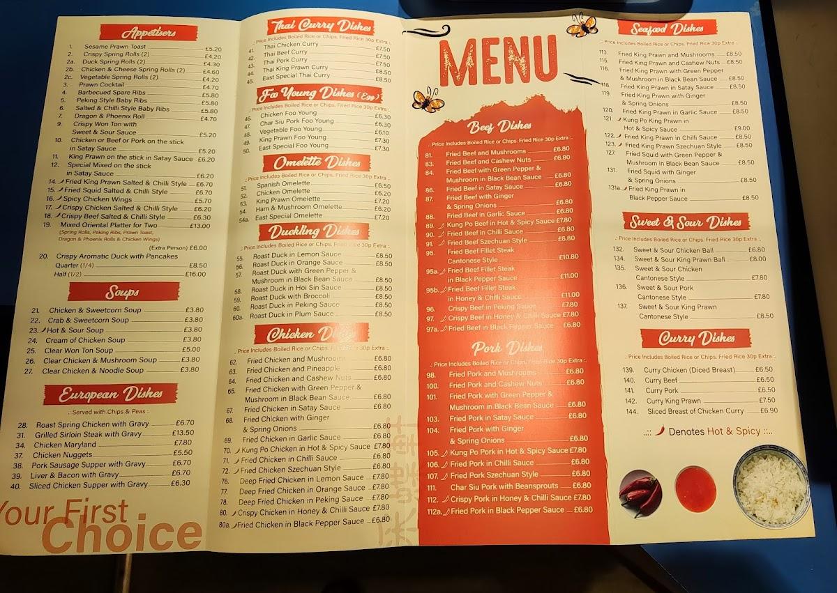 Menu at East Chinese restaurant, Armagh