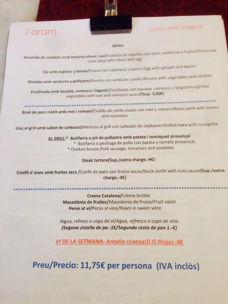 Carta del restaurante L'aram, Barcelona