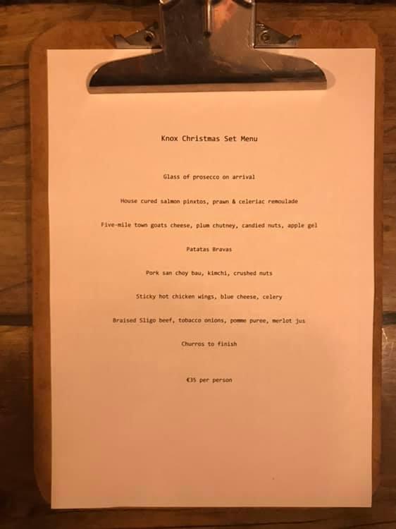 Menu at Knox cafe, Sligo