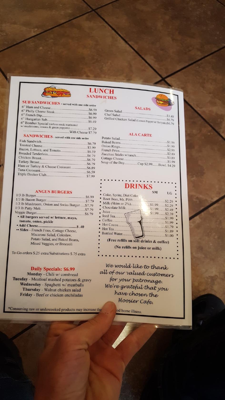 Menu at Linda's Hoosier Cafe, Mesa, E University Dr UNIT 101
