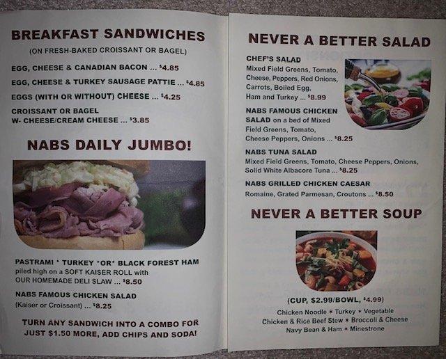 Menu at NABS Deli and Coffee Shop restaurant, Rocky Mount