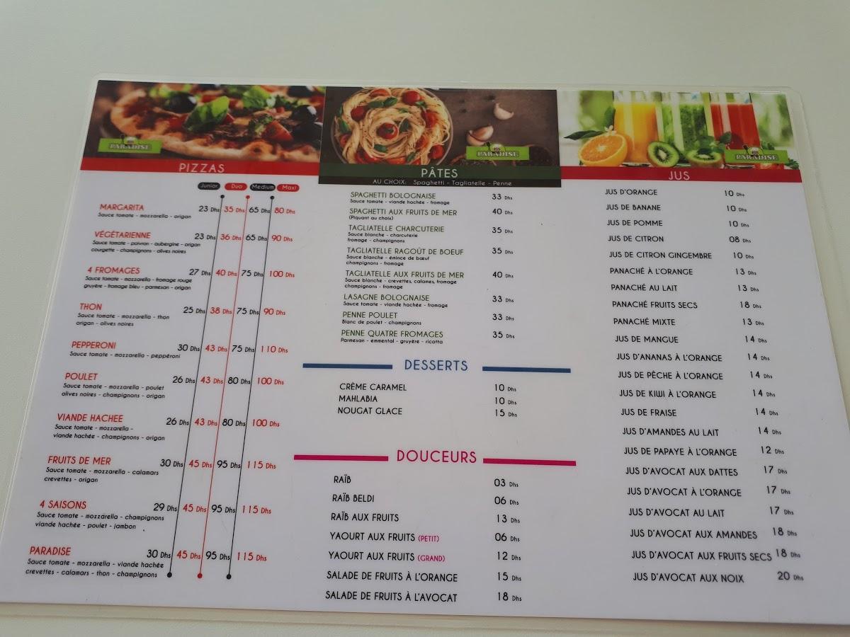 Menu au Paradise restaurant, Temara