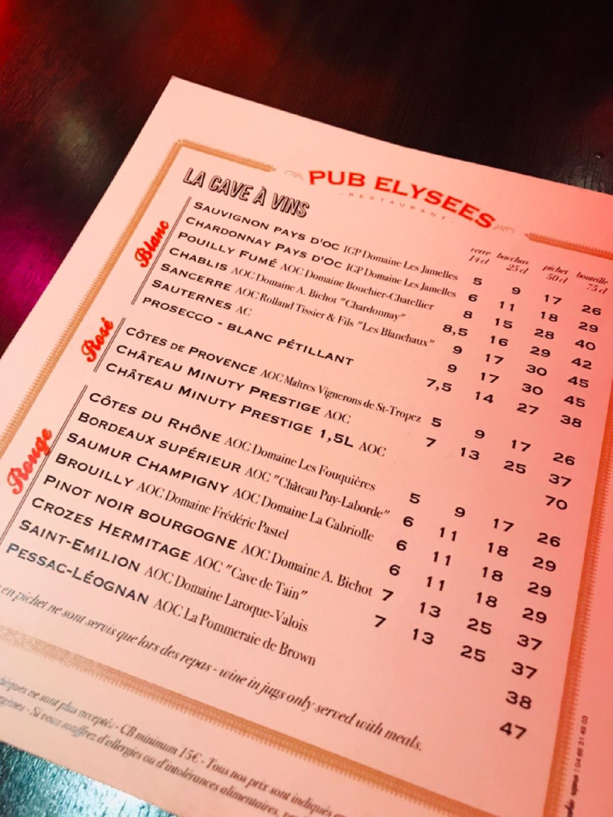 Menu at Pub Élysée, Paris