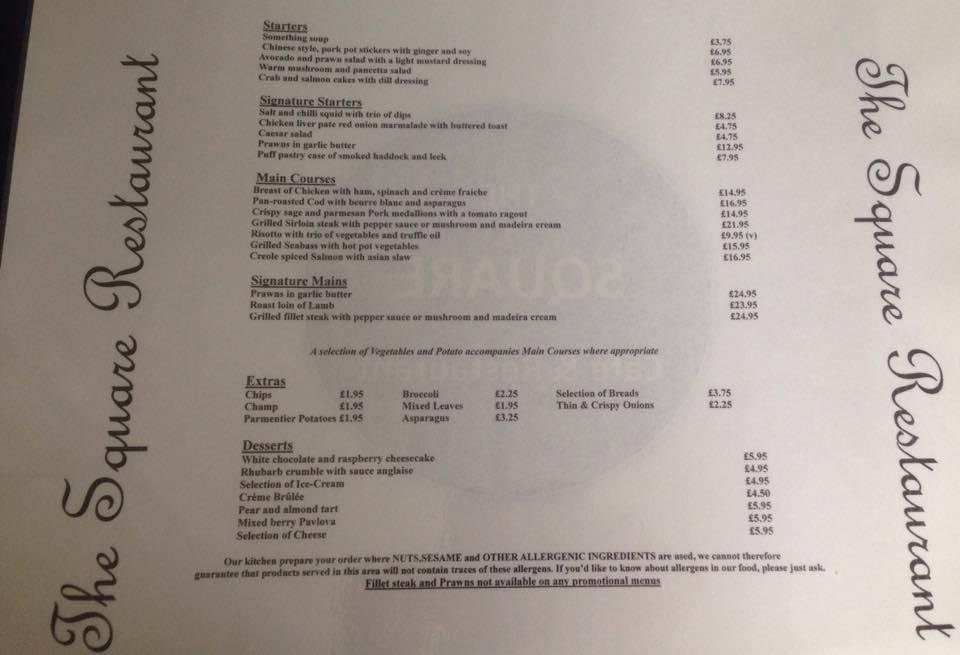 Menu at The Square restaurant, Belfast