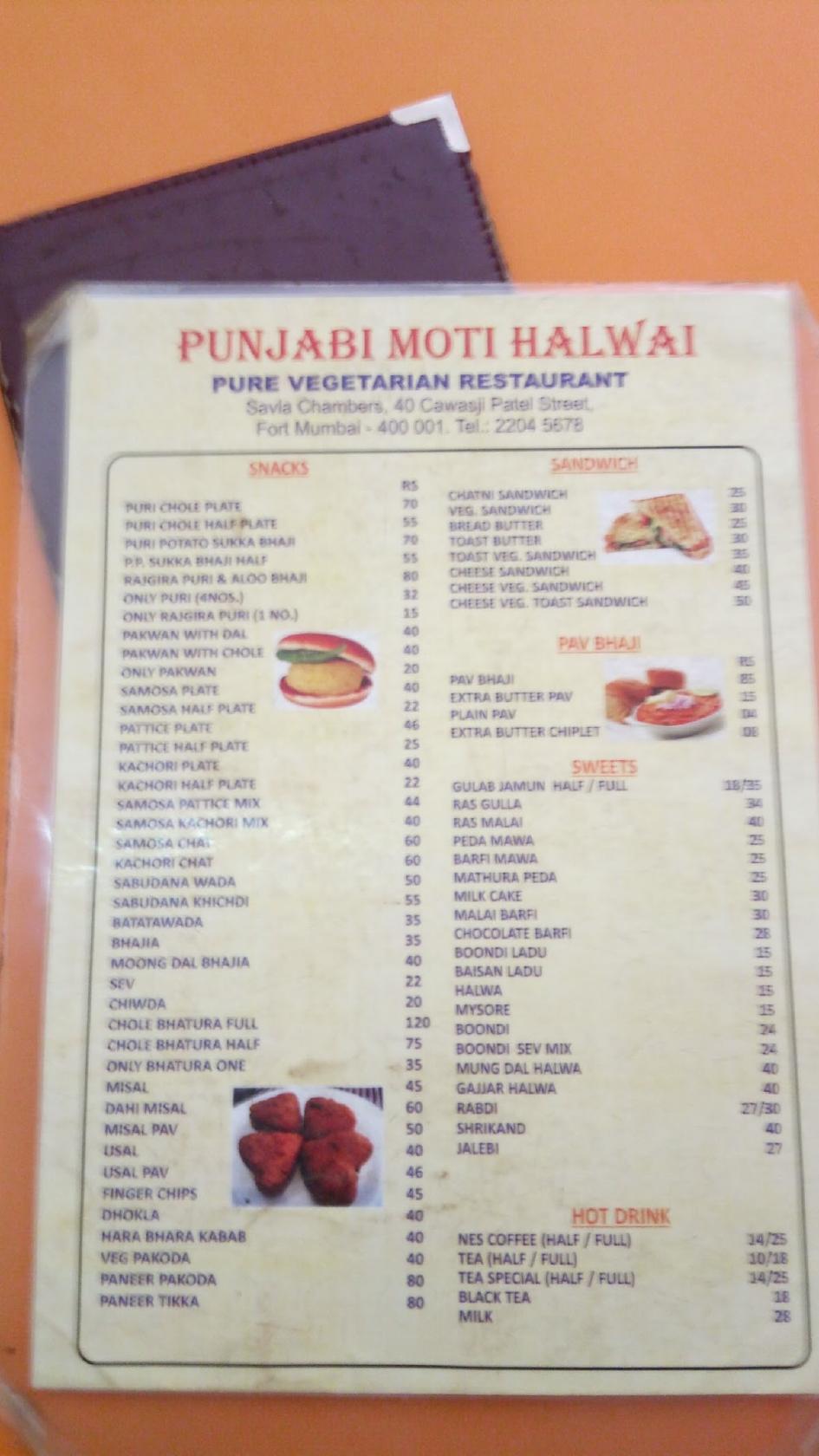 Menu at Punjabi Moti Halwai, Mumbai