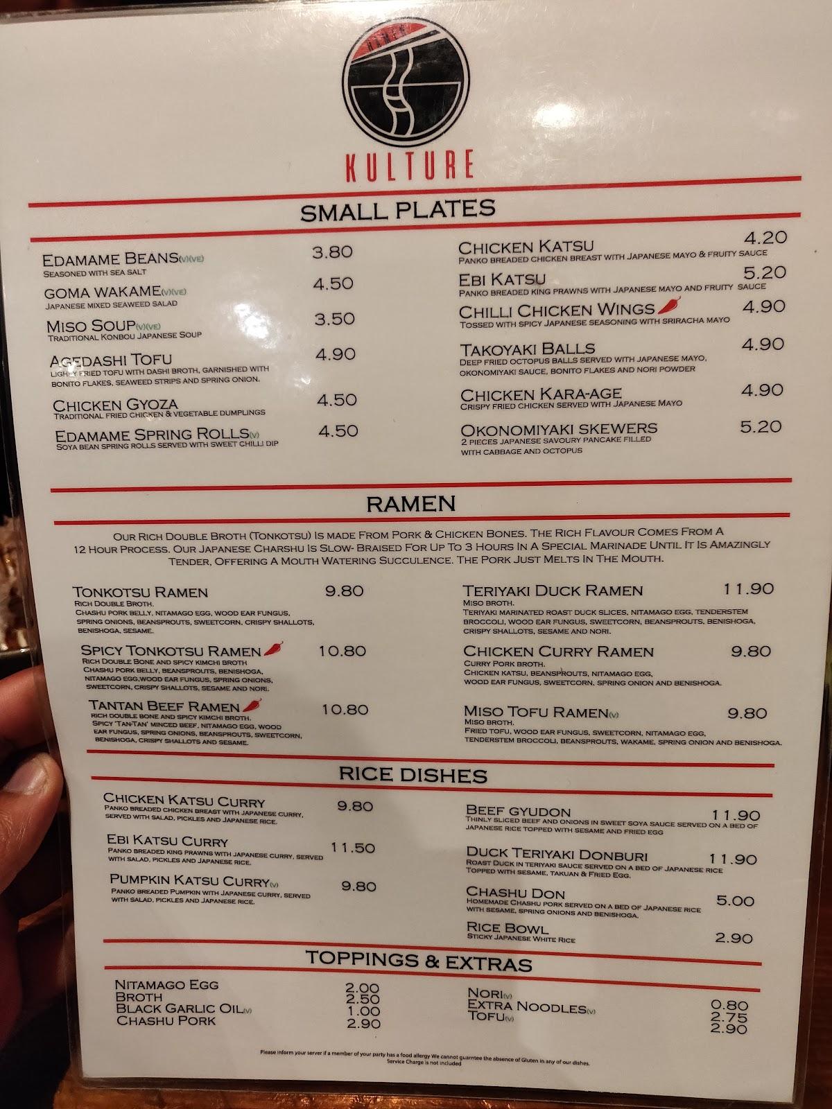 Menu at Ramen Kulture restaurant, Oxford
