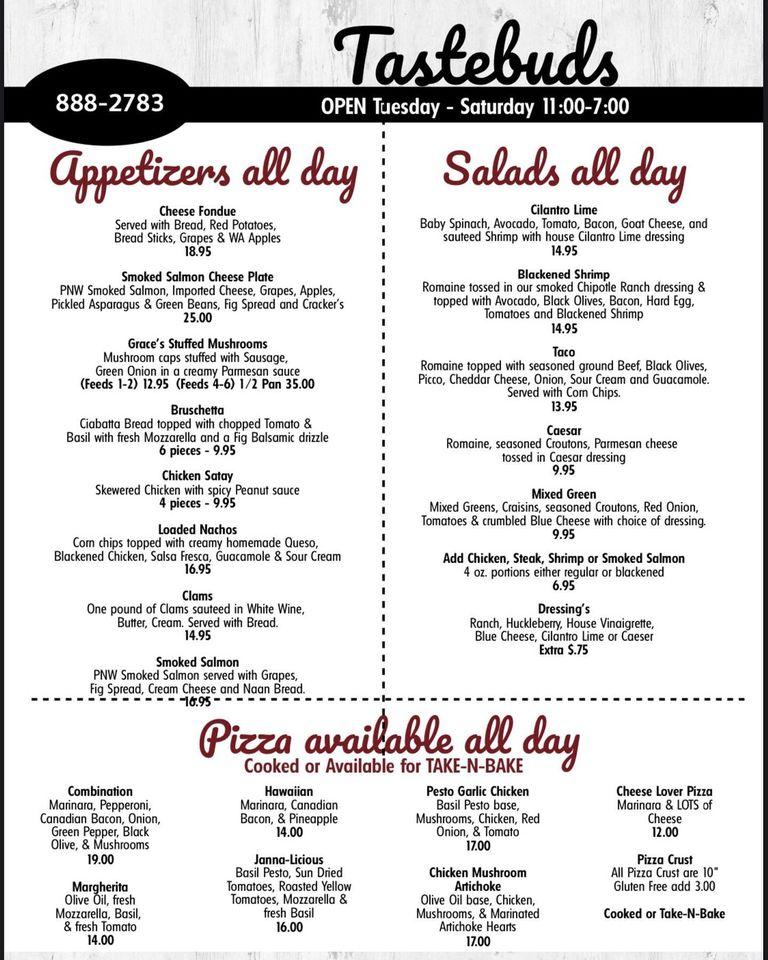 Menu at Tastebuds - Bistro, Bar & Bottles, Wenatchee, 212 Fifth St A