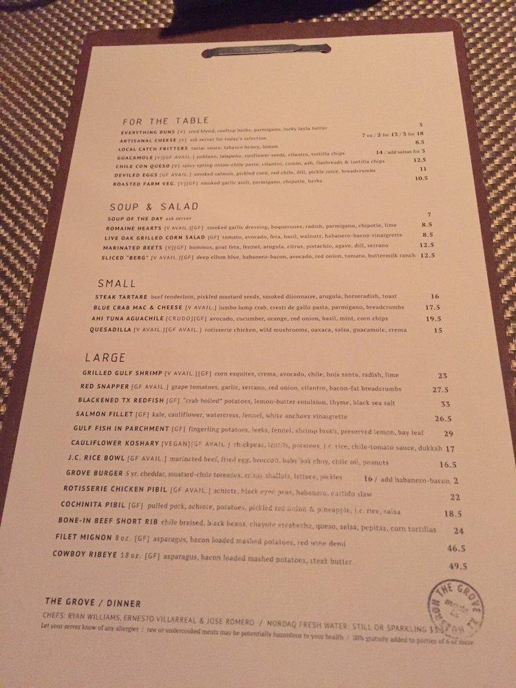 Menu at The Grove restaurant, Houston, Lamar St