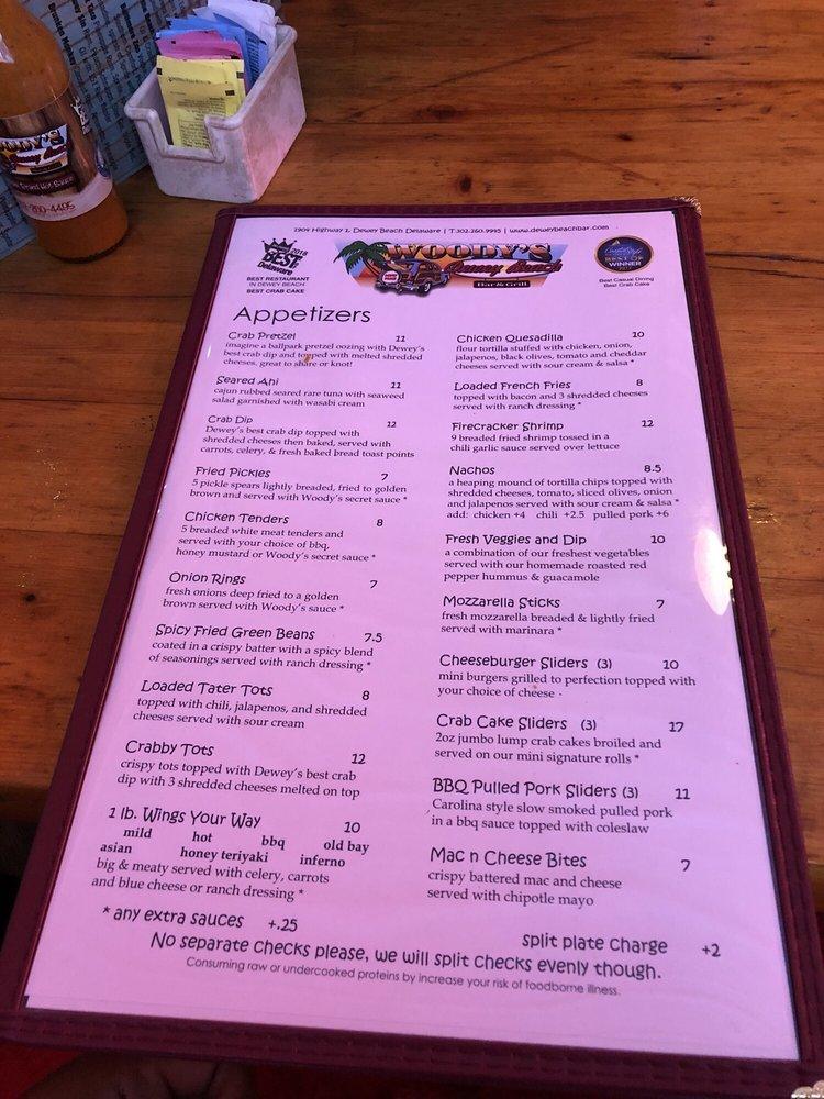Menu at Woody's Dewey Beach pub & bar, Dewey Beach, Coastal Hwy